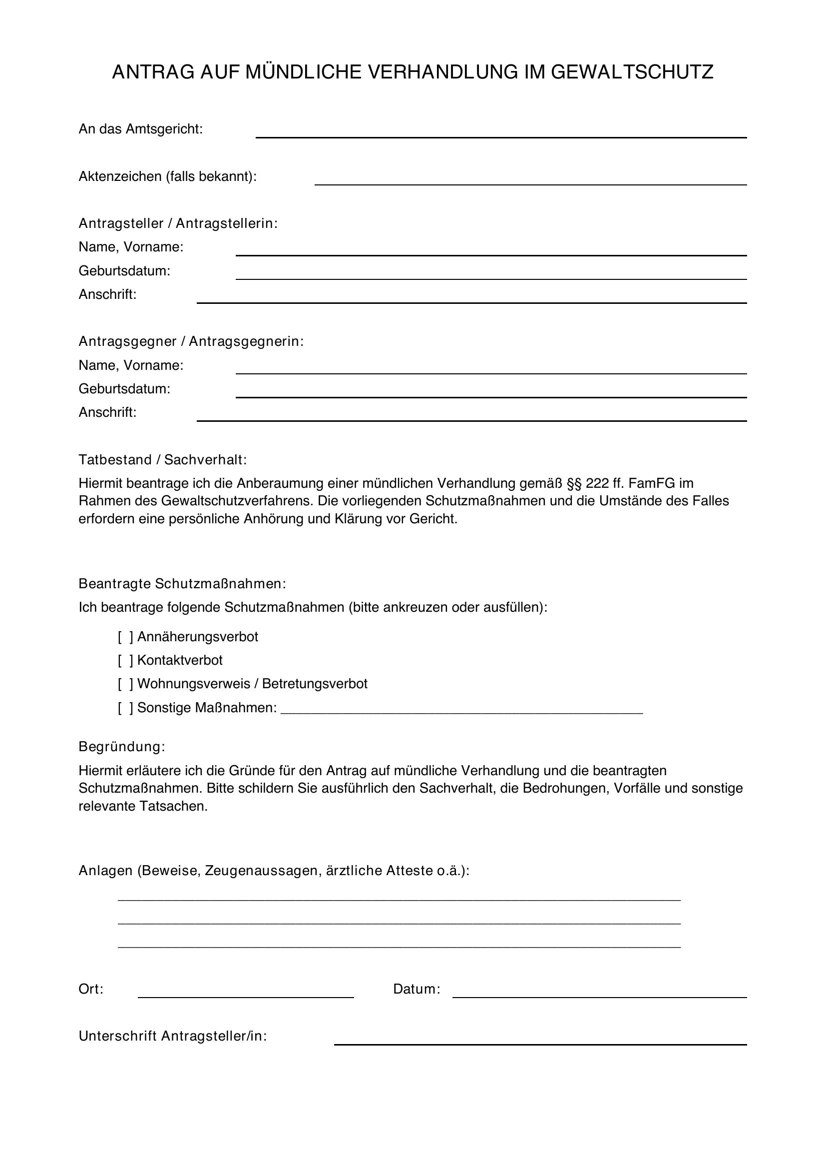 Antrag Auf Mündliche Verhandlung Gewaltschutz Muster